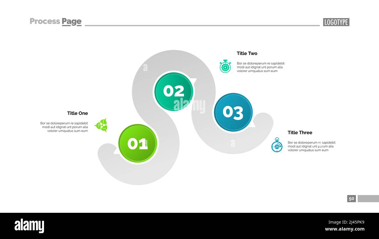 Three points process chart slide template. Business data. Point ...