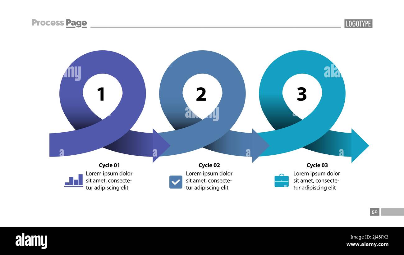 Three points process chart slide template. Business data. Scheme, step ...