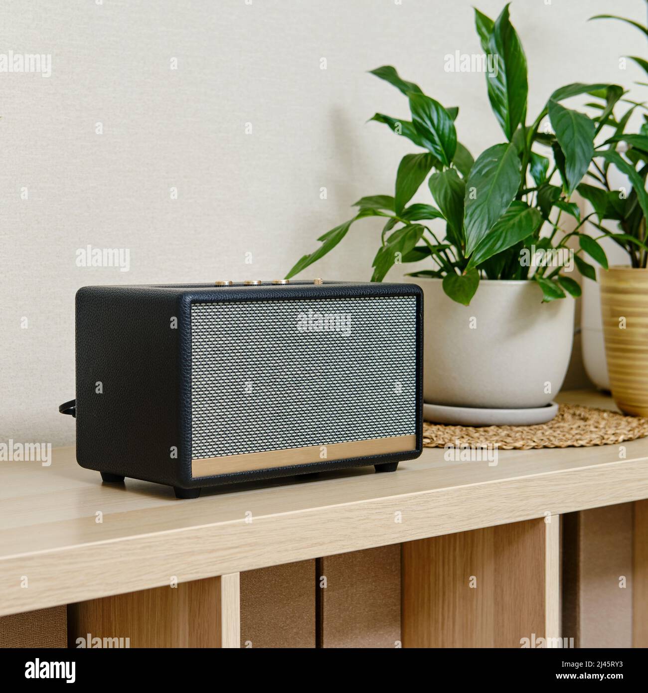 Acoustic music speaker in retro style. Vintage sound column in an old ...
