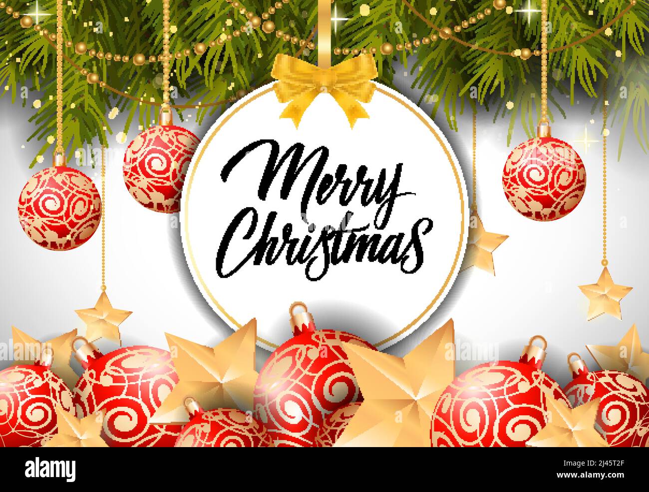 Merry Christmas lettering on bauble-shaped tag with fir sprigs and ...