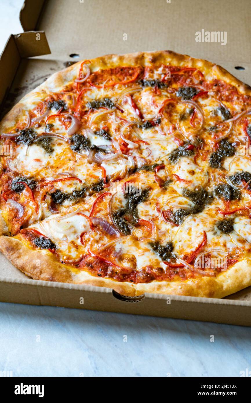 Pizza with Anchovy Paste Puree and Red Onions in Take Away Box. Ready ...