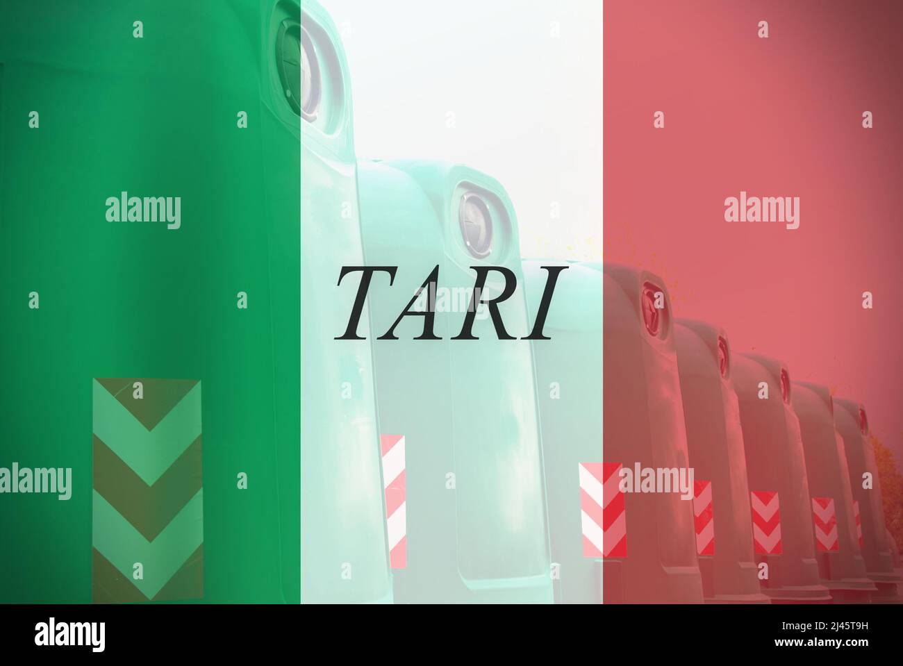 Italian Flag with domestic bins of wast e as background and the text ...