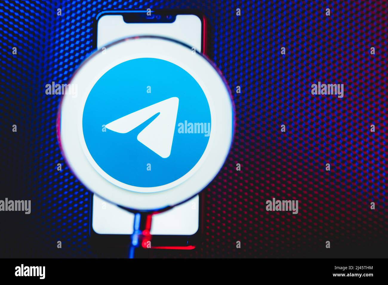 Telegram app logo on the screen smartphone closeup. Telegram is an ...