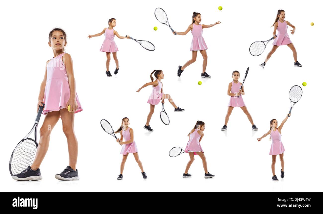 Set of portraits of little girl, child practising tennis, training ...