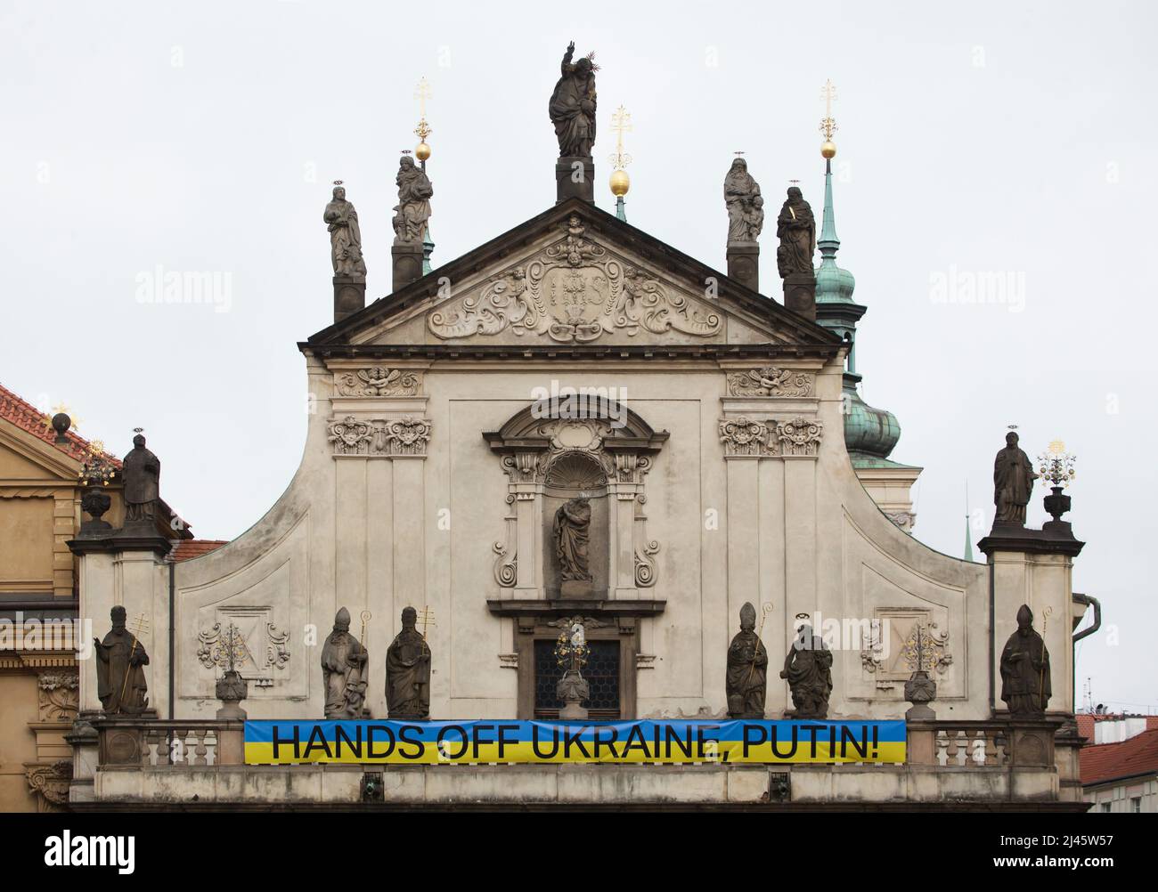 Banner 'Hands off Ukraine, Putin!' placed on the main facade of the ...