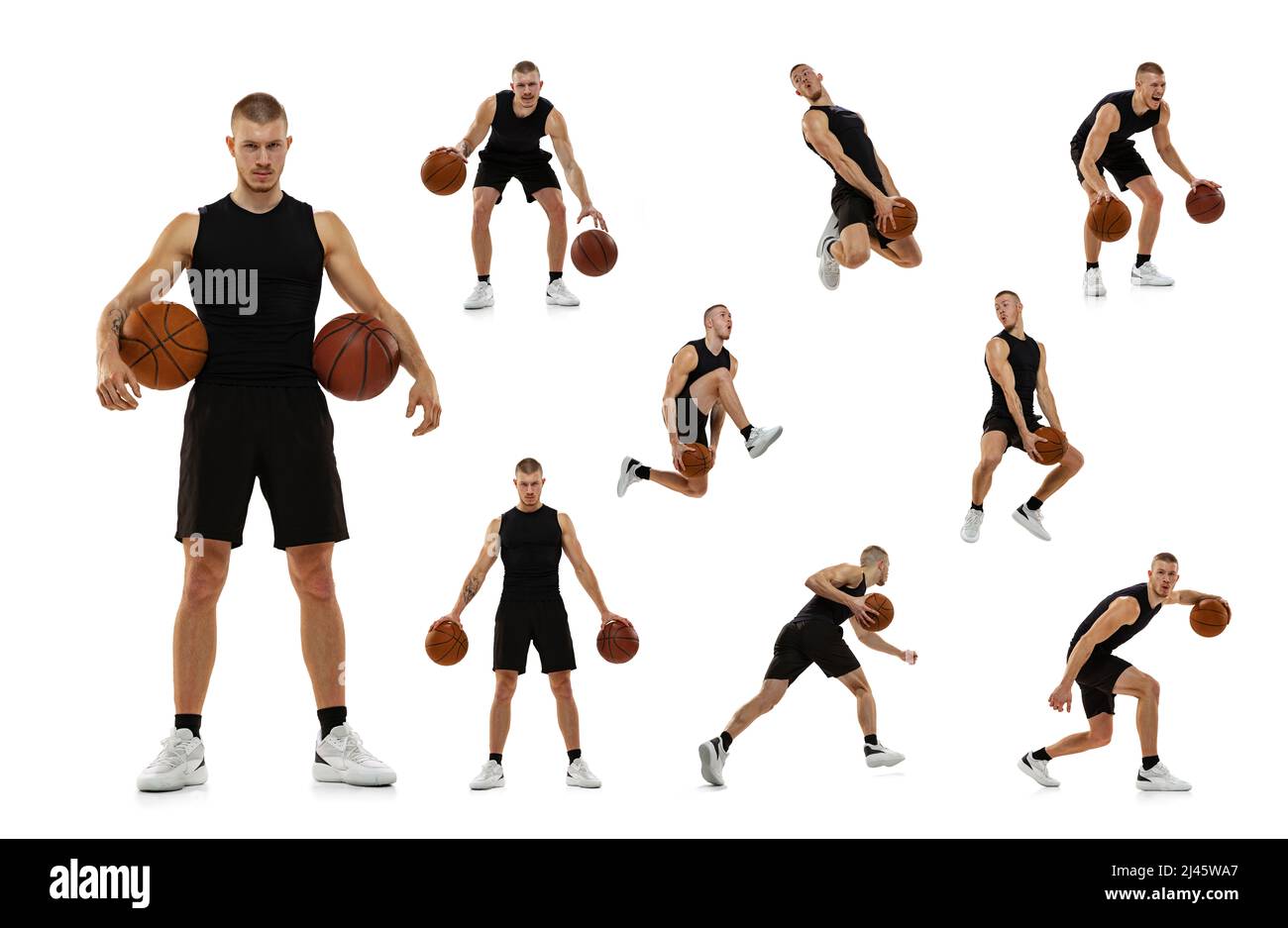Set of dynamic portraits of young professional basketball player in ...
