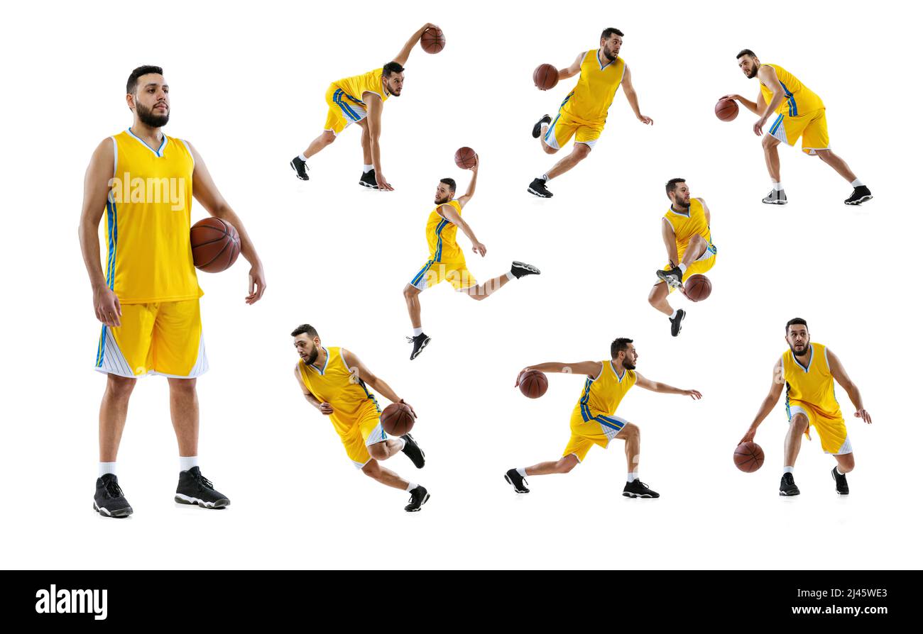 Set of dynamic portraits of professional basketball player training ...