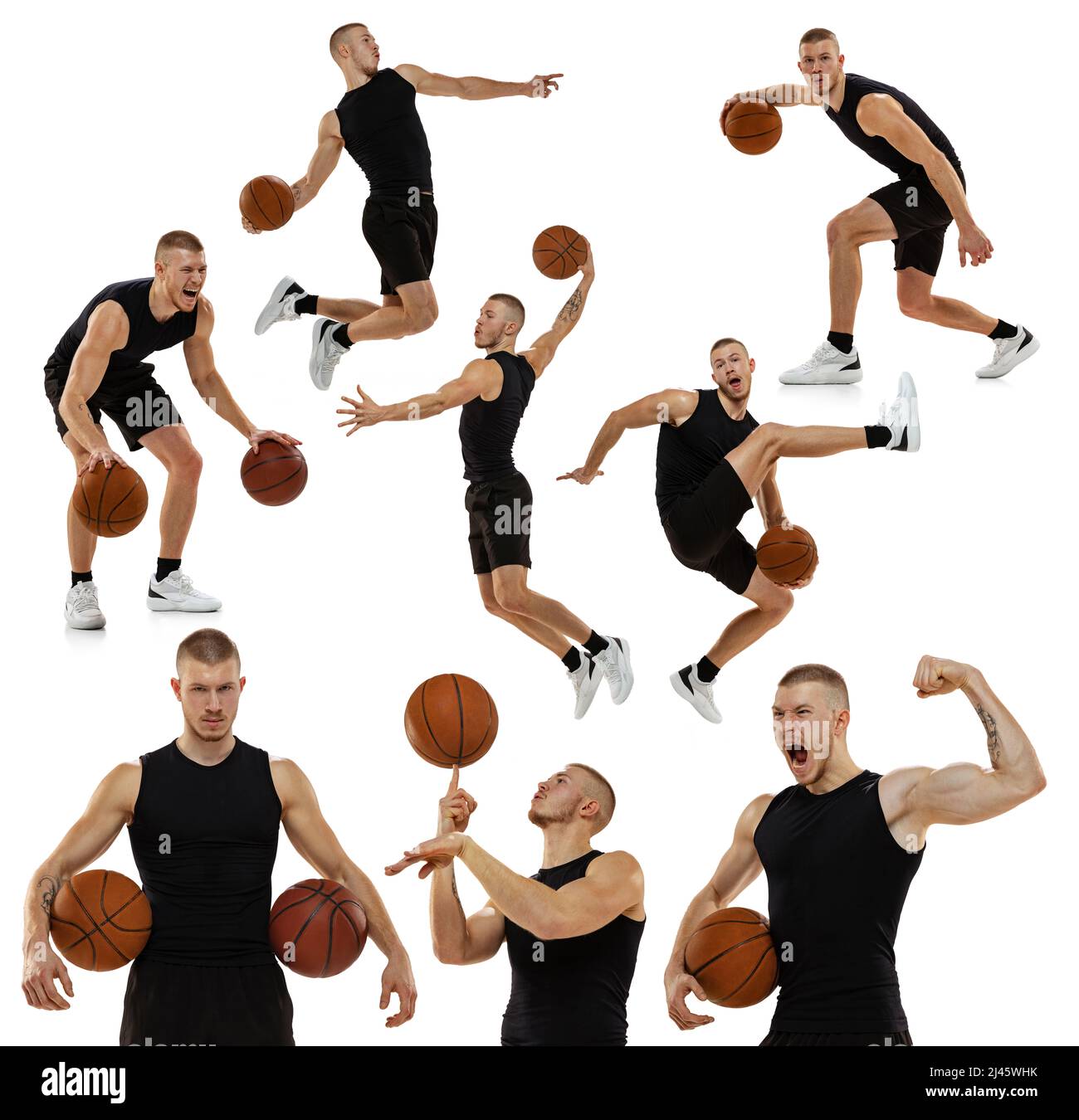 Set of dynamic portraits of young professional basketball player in ...