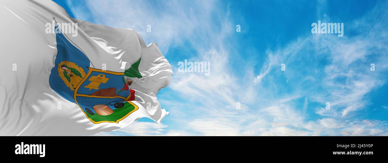 flag of Hidalgo , Mexico at cloudy sky background on sunset, panoramic ...