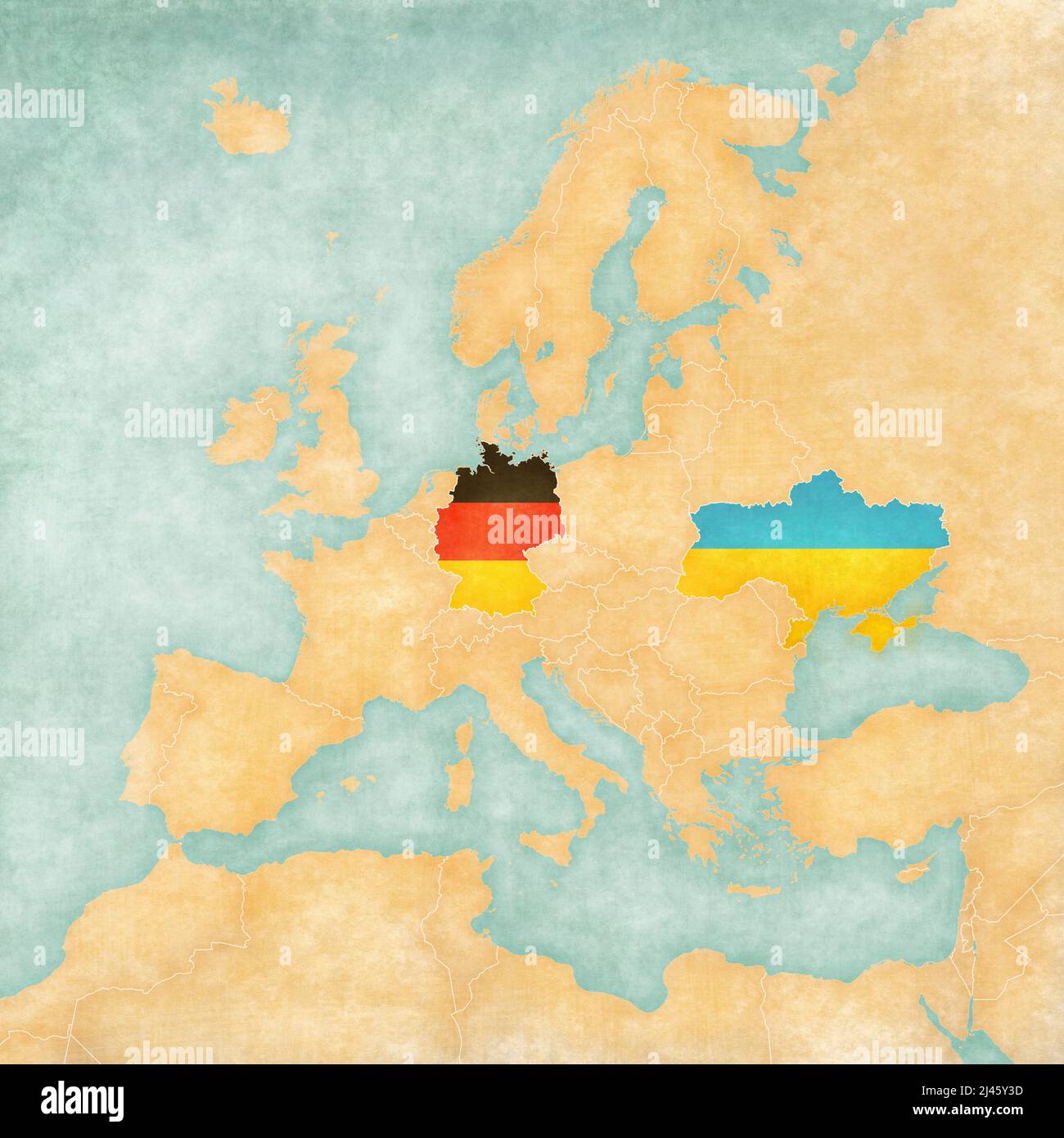Ukraine and Germany on the map of Europe in soft grunge and vintage ...