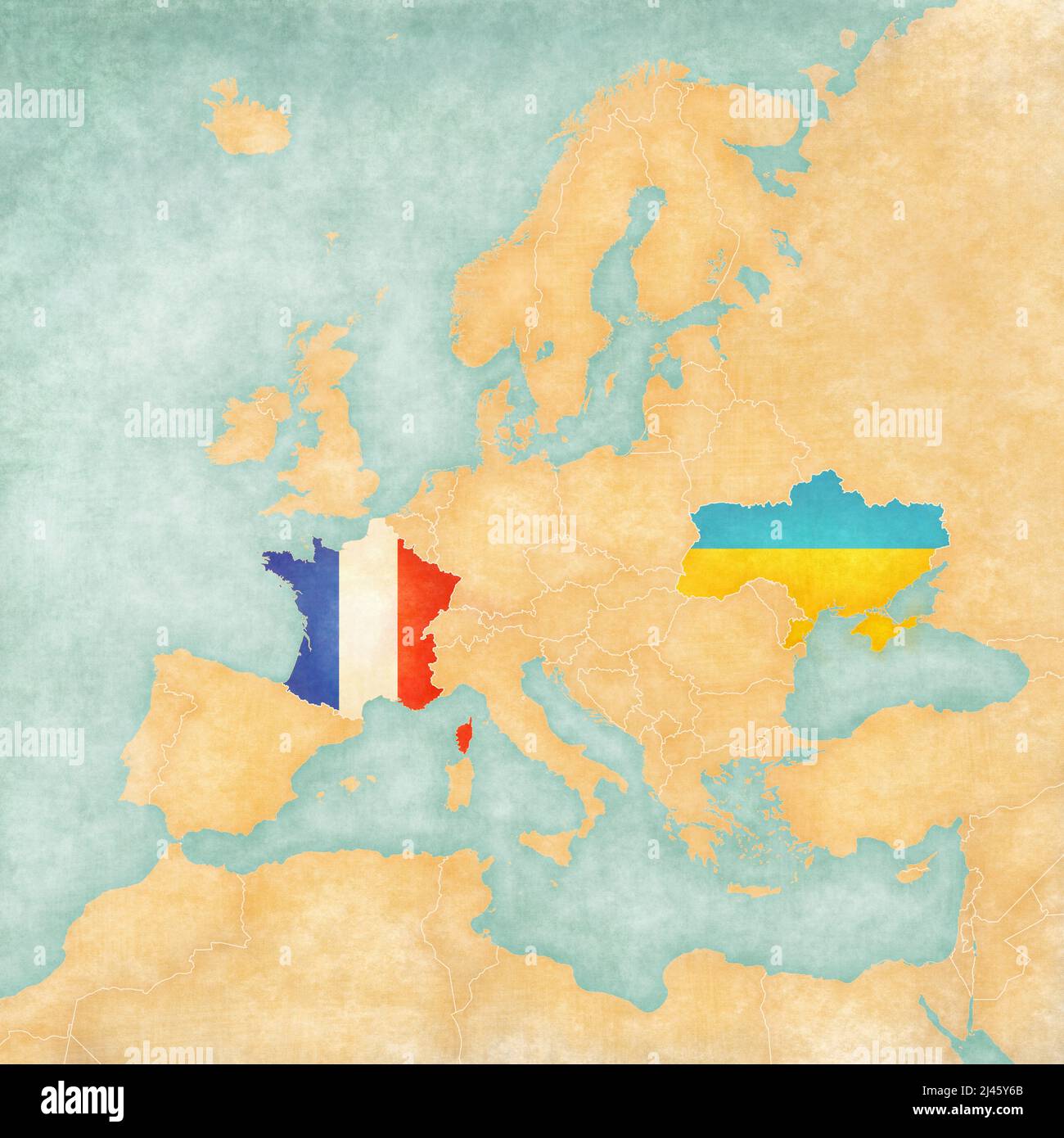 Ukraine and France on the map of Europe in soft grunge and vintage ...