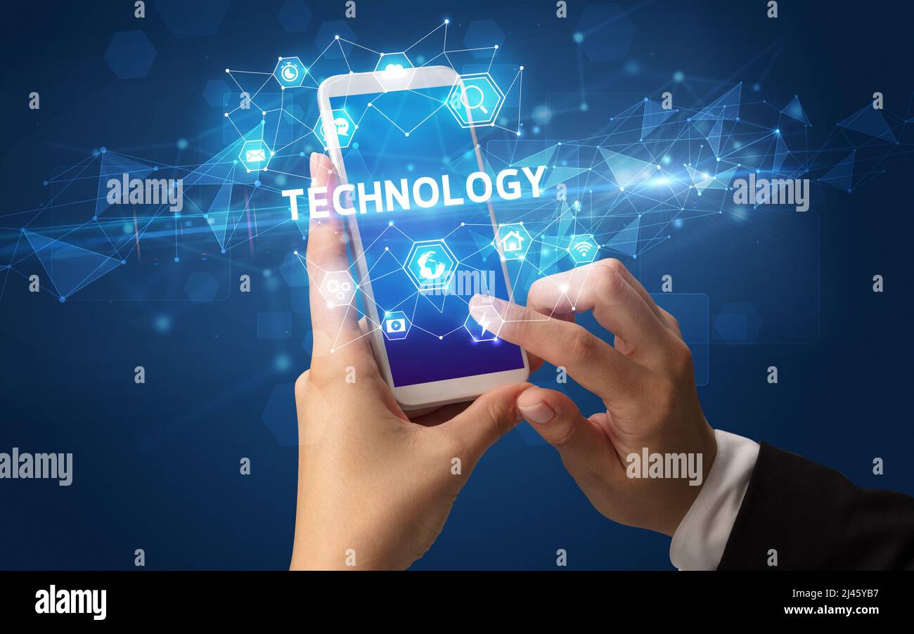 Hand using smartphone with technology concept Stock Photo - Alamy