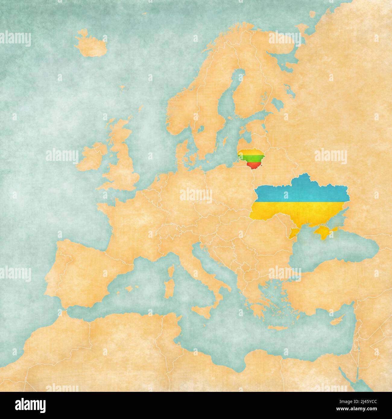 Ukraine and Lithuania on the map of Europe in soft grunge and vintage ...