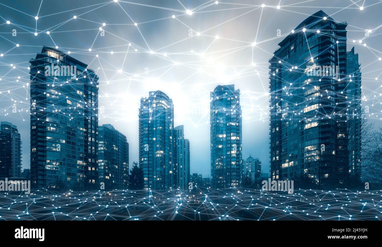 Futuristic City Building Skyline. Light Rays towards the Cityscape ...