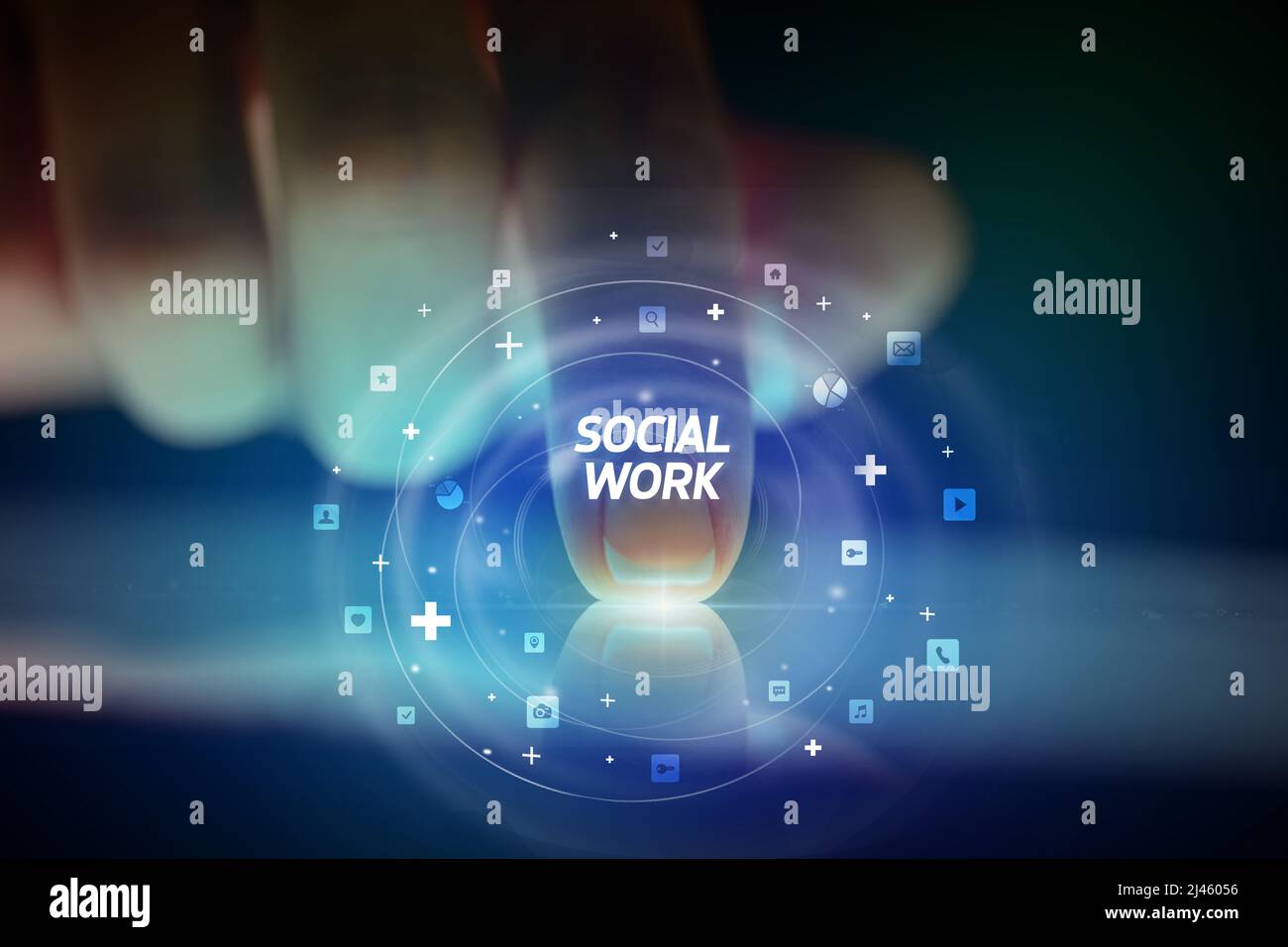 Finger touching tablet with social media icons concept Stock Photo - Alamy