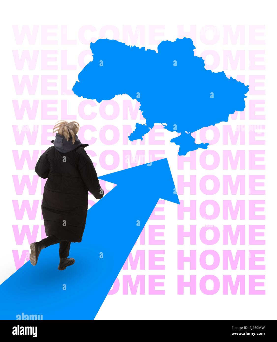 Conceptual image. Young woman coming back home to Ukraine isolated over ...
