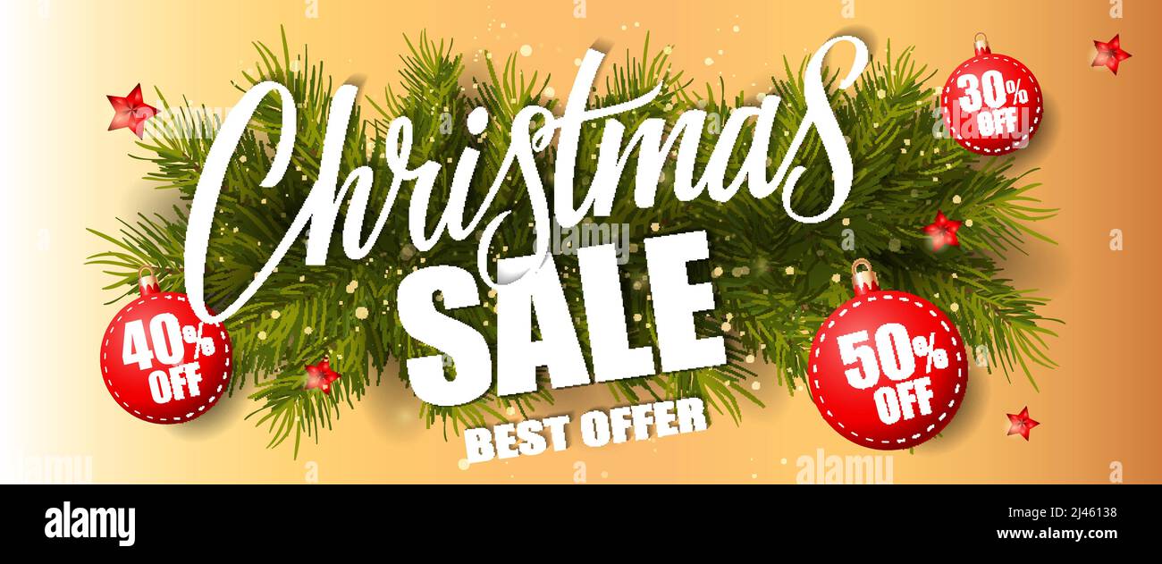 Christmas sale, best offer lettering with fir sprigs and poinsettia on ...