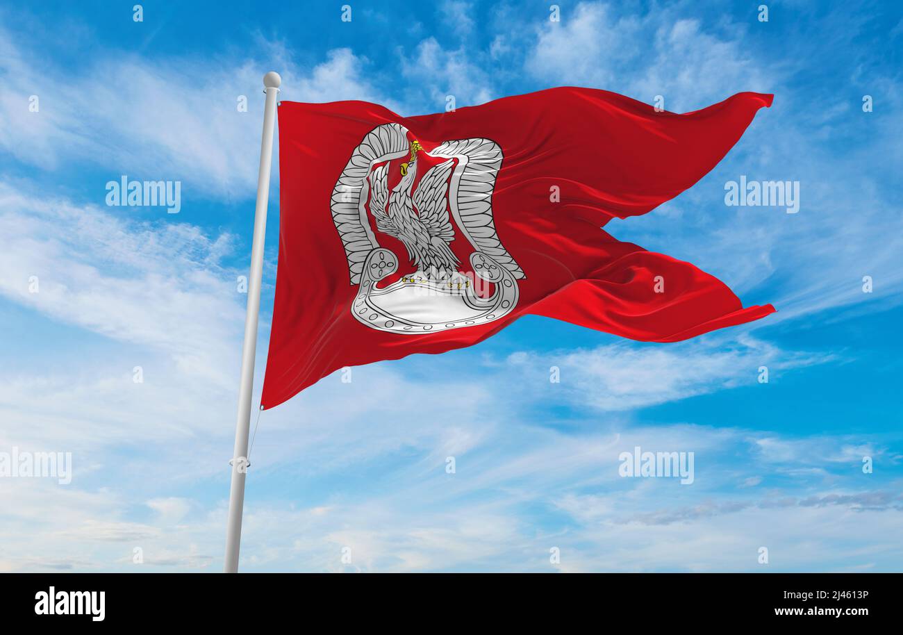 flag of air force , Poland at cloudy sky background on sunset ...