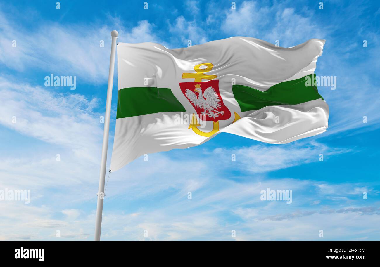 flag of Customs ship, service green , Poland at cloudy sky background ...