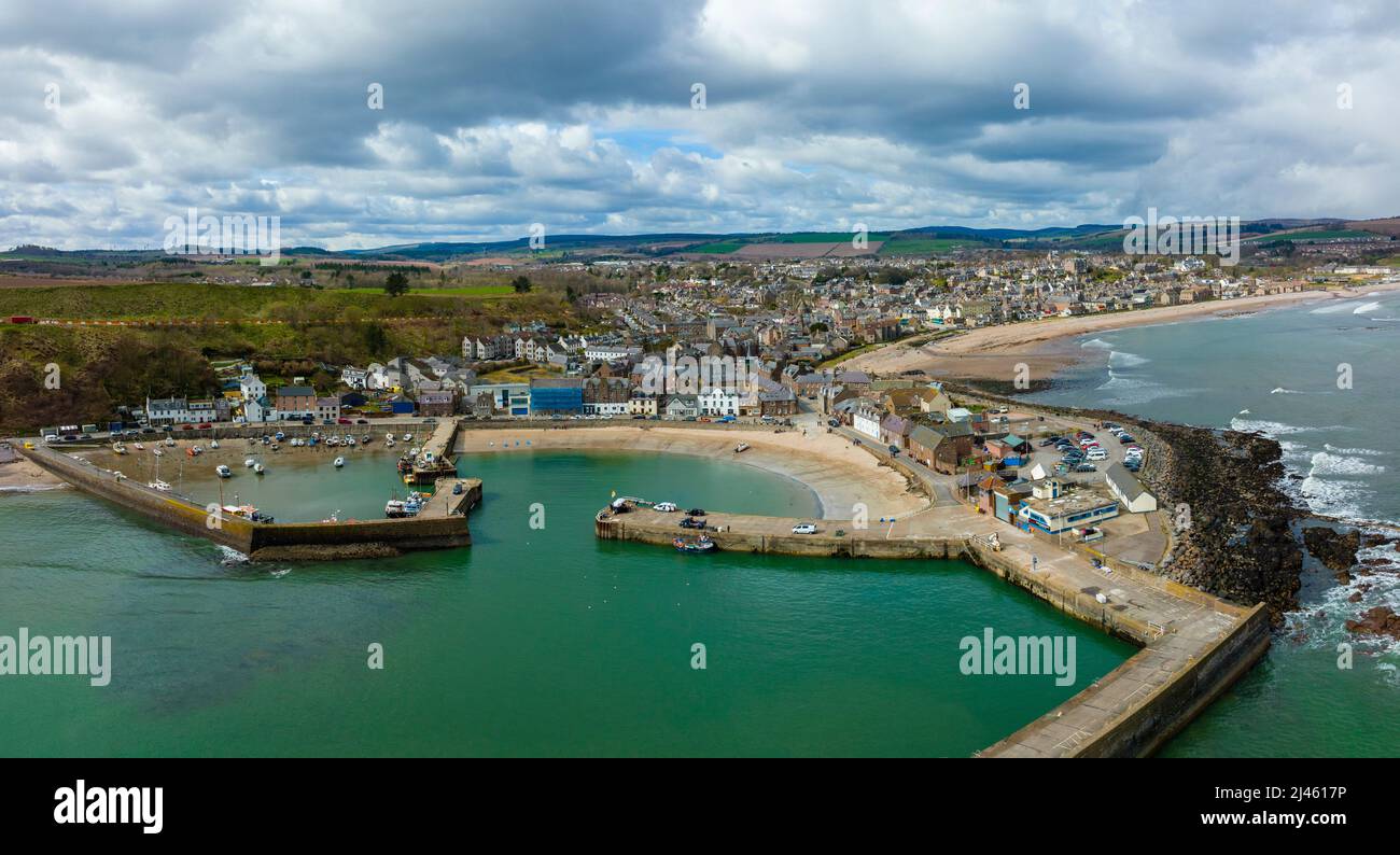 Aerial view from drone of village and harbour at Stonehaven in ...