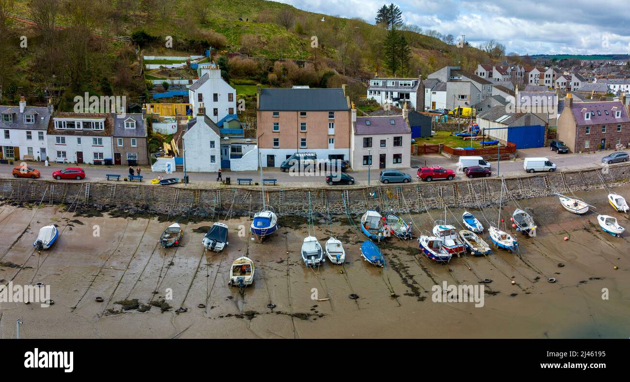 Aerial view from drone of village and harbour at Stonehaven in ...