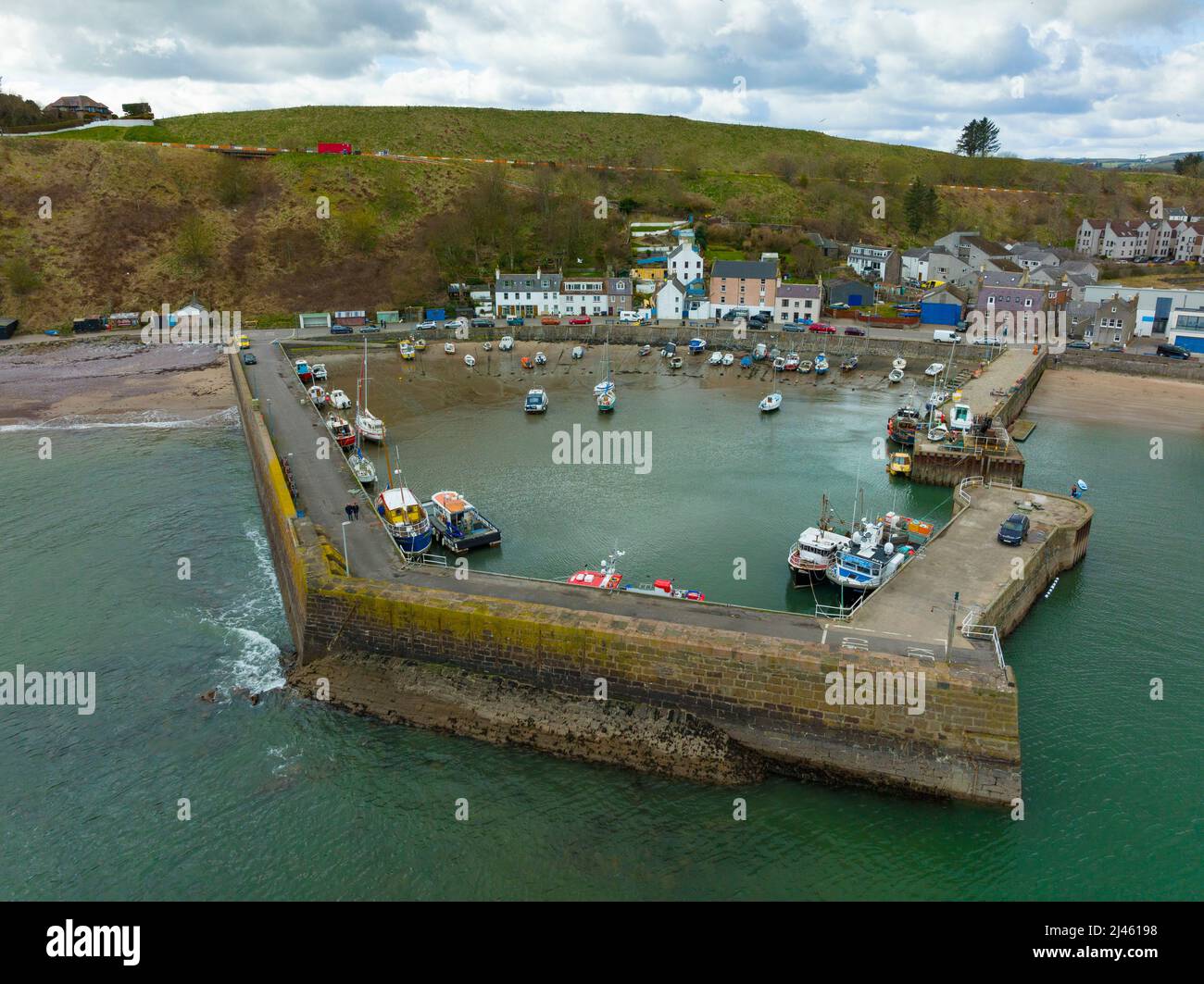 Aerial view from drone of village and harbour at Stonehaven in ...