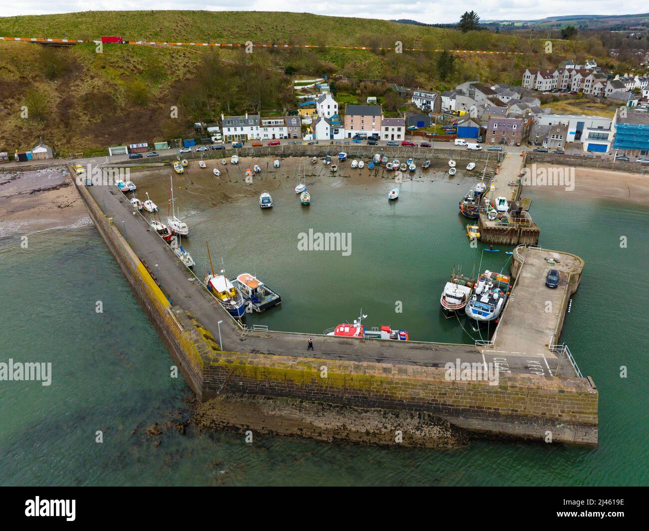 Aerial view from drone of village and harbour at Stonehaven in ...