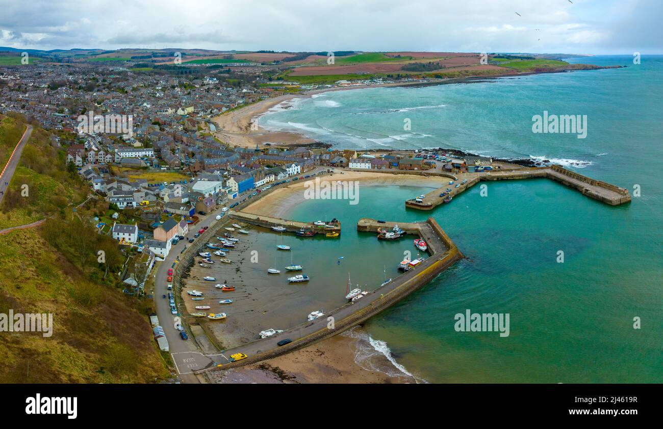 Aerial view from drone of village and harbour at Stonehaven in ...