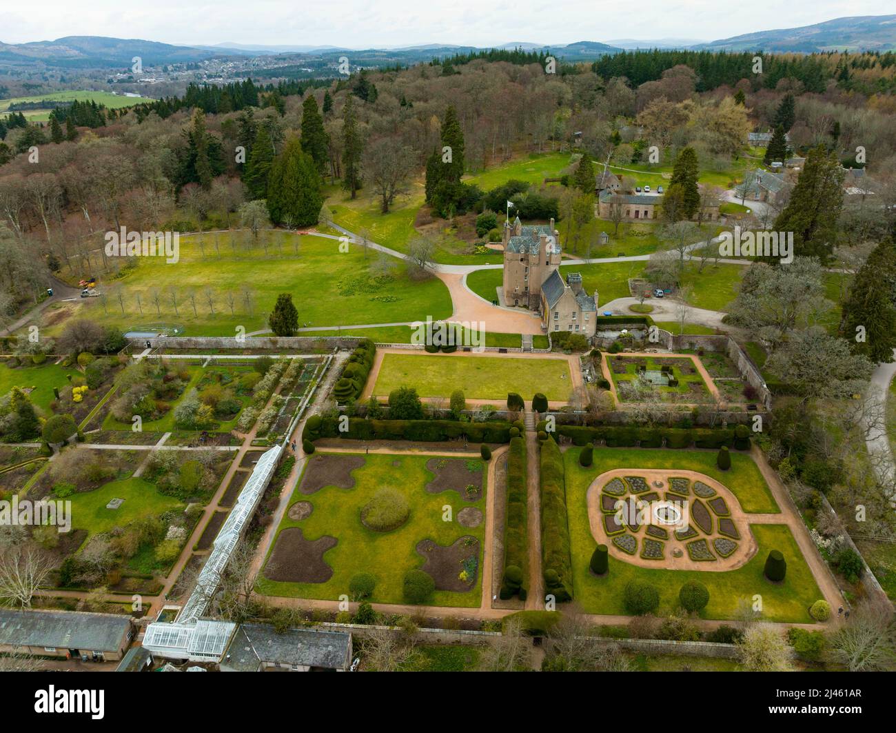 Aerial view of Crathes Castle and gardens in Aberdeenshire, Scotland ...
