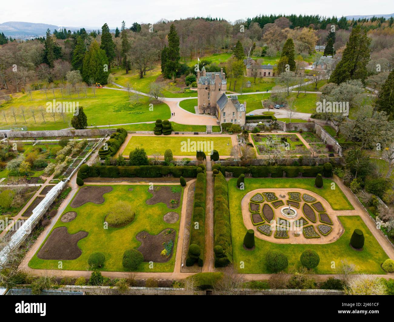 Aerial view of Crathes Castle and gardens in Aberdeenshire, Scotland ...