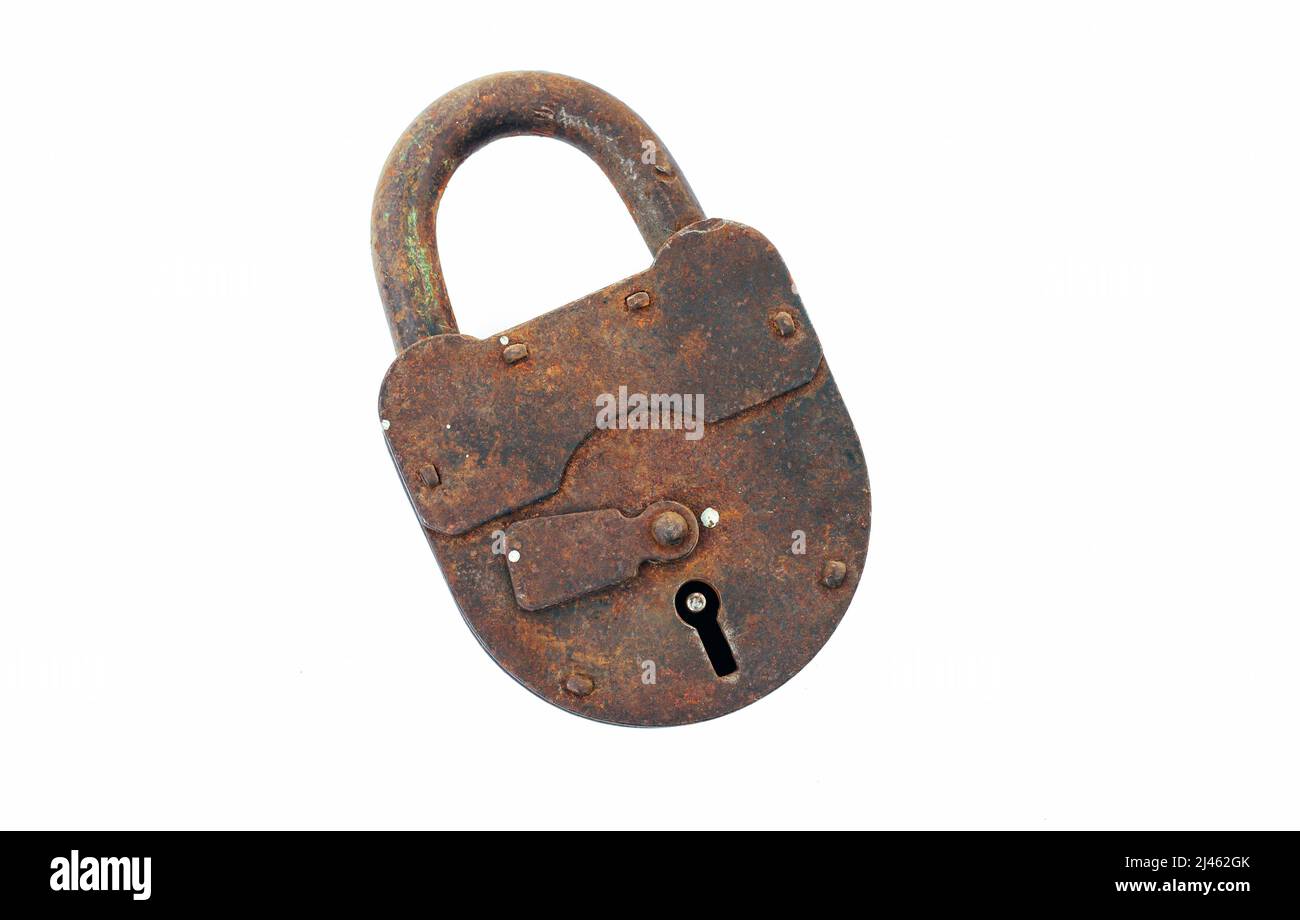 Large old rust padlock isolated on white background. Top view Stock ...