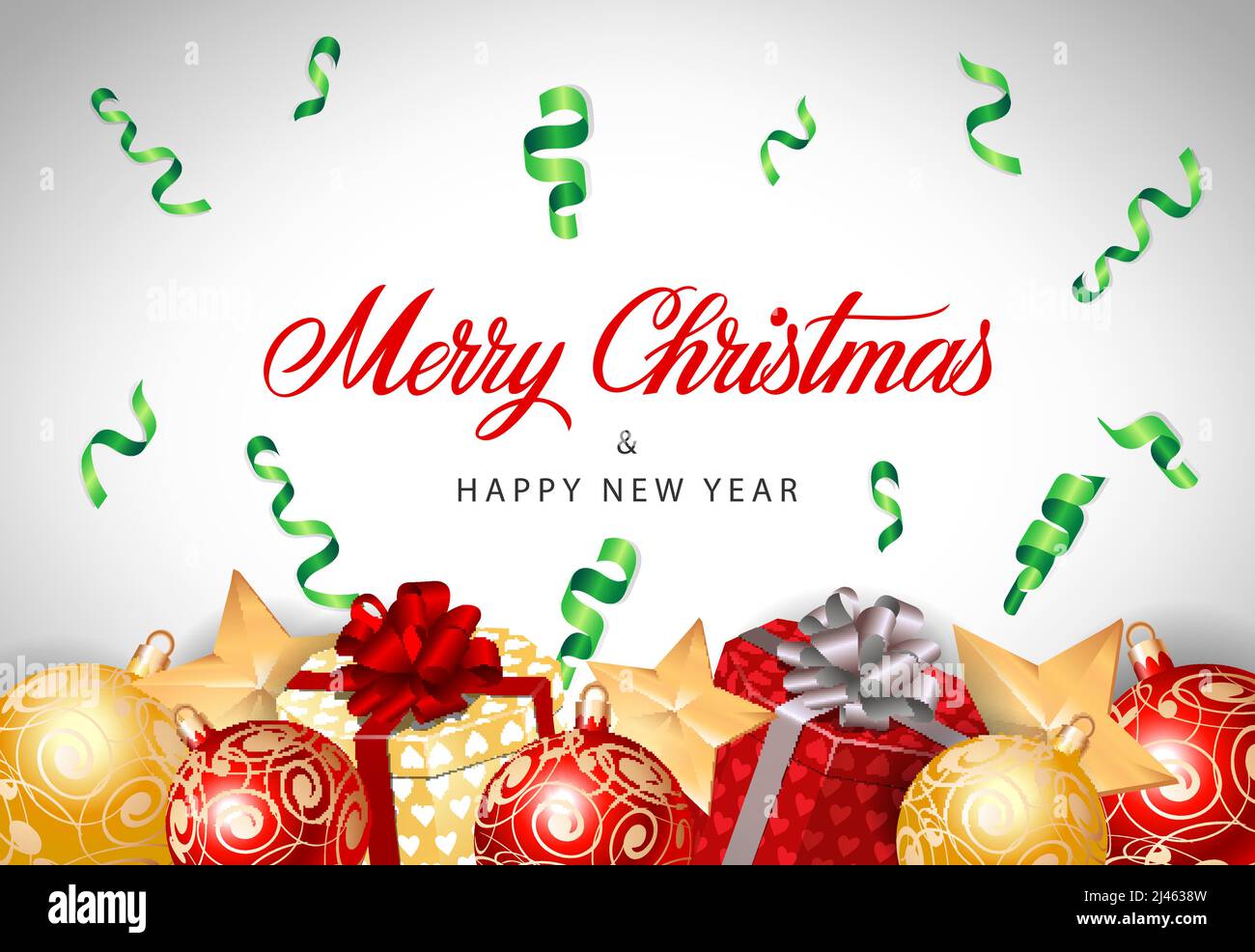 Merry Christmas and happy New Year lettering with baubles, present ...
