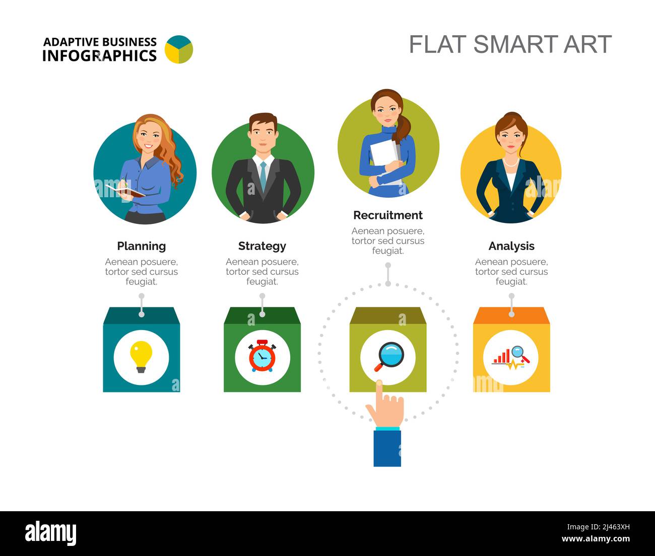 Four employees process chart slide template. Business data. Occupation ...