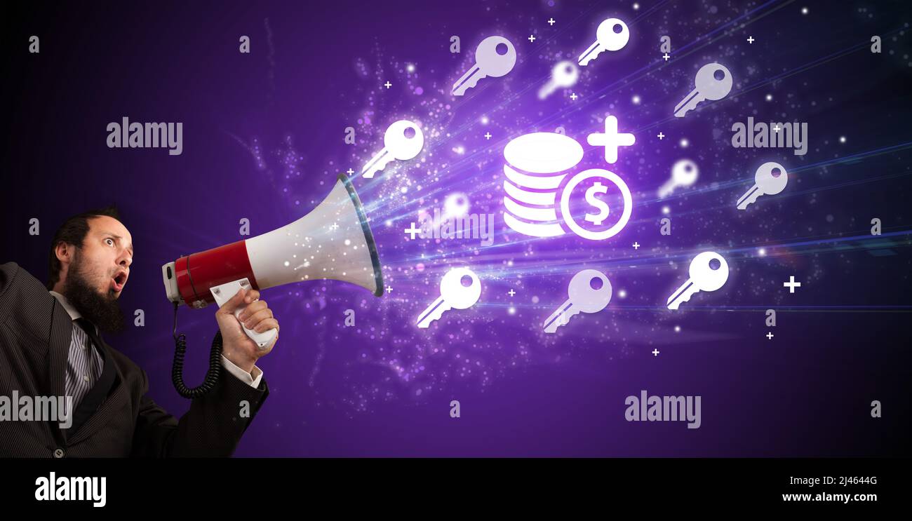 Young person with megaphone and business icon Stock Photo - Alamy