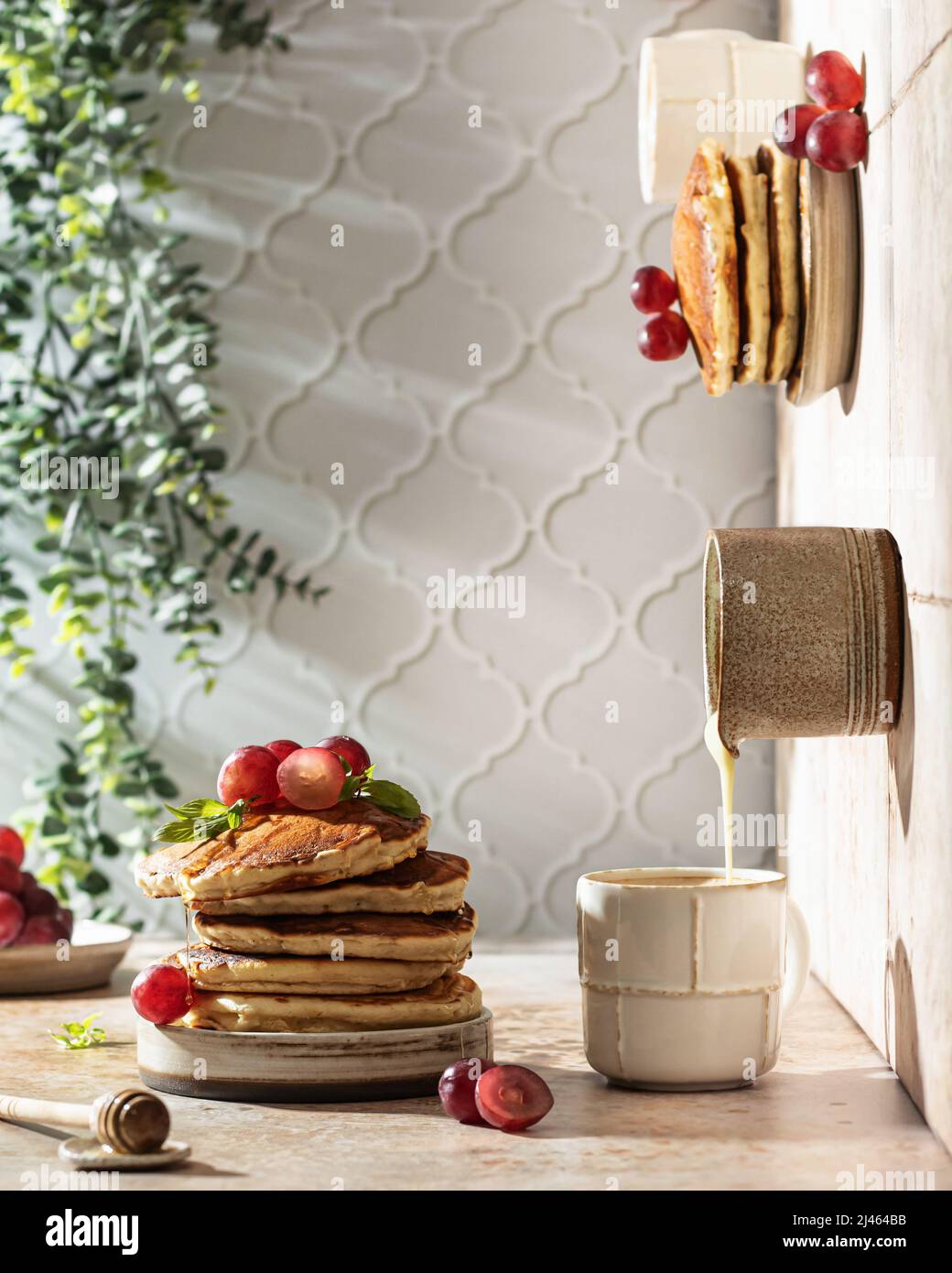 Concept of photography in three planes. Stack of pancakes with honey ...