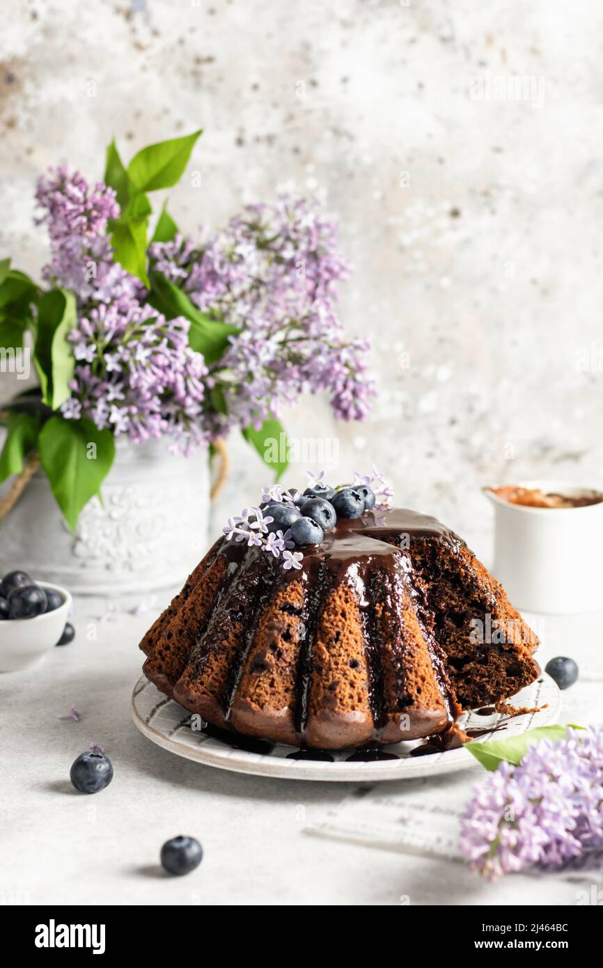 Sliced Chocolate cake decorated with chocolate icing, blueberries and ...
