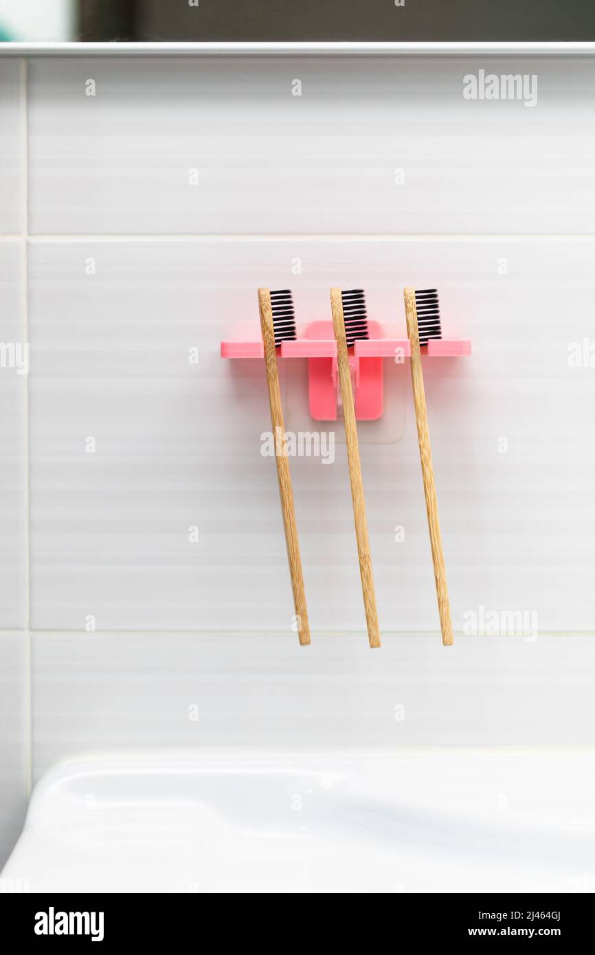 Three natural bamboo toothbrushes with black bristles in a holder ...