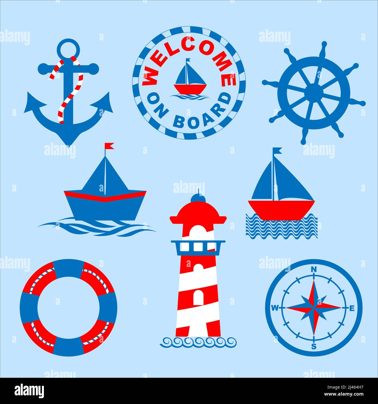 Stylized sailor and nautical icons. In trendy blue-red style with ...