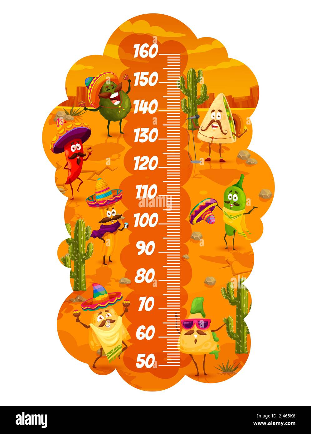 Cartoon mexican tex mex food characters, kids vector height chart. Baby ...