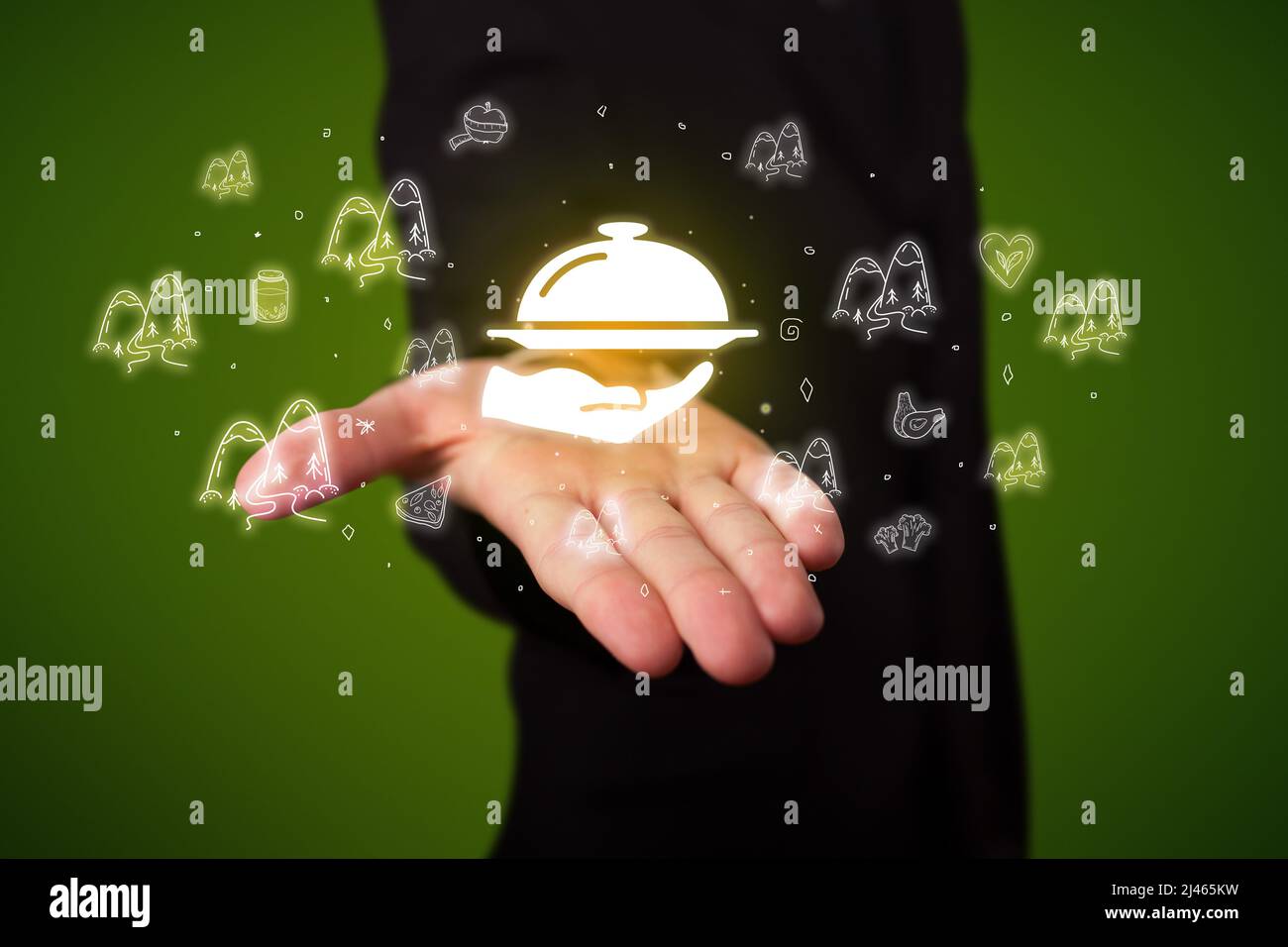 Hand holding food related icons Stock Photo - Alamy