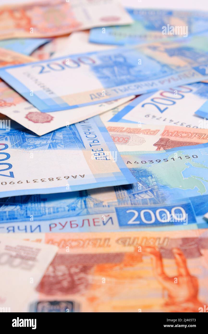 Background, Russian rubles banknotes in denominations of two and five ...
