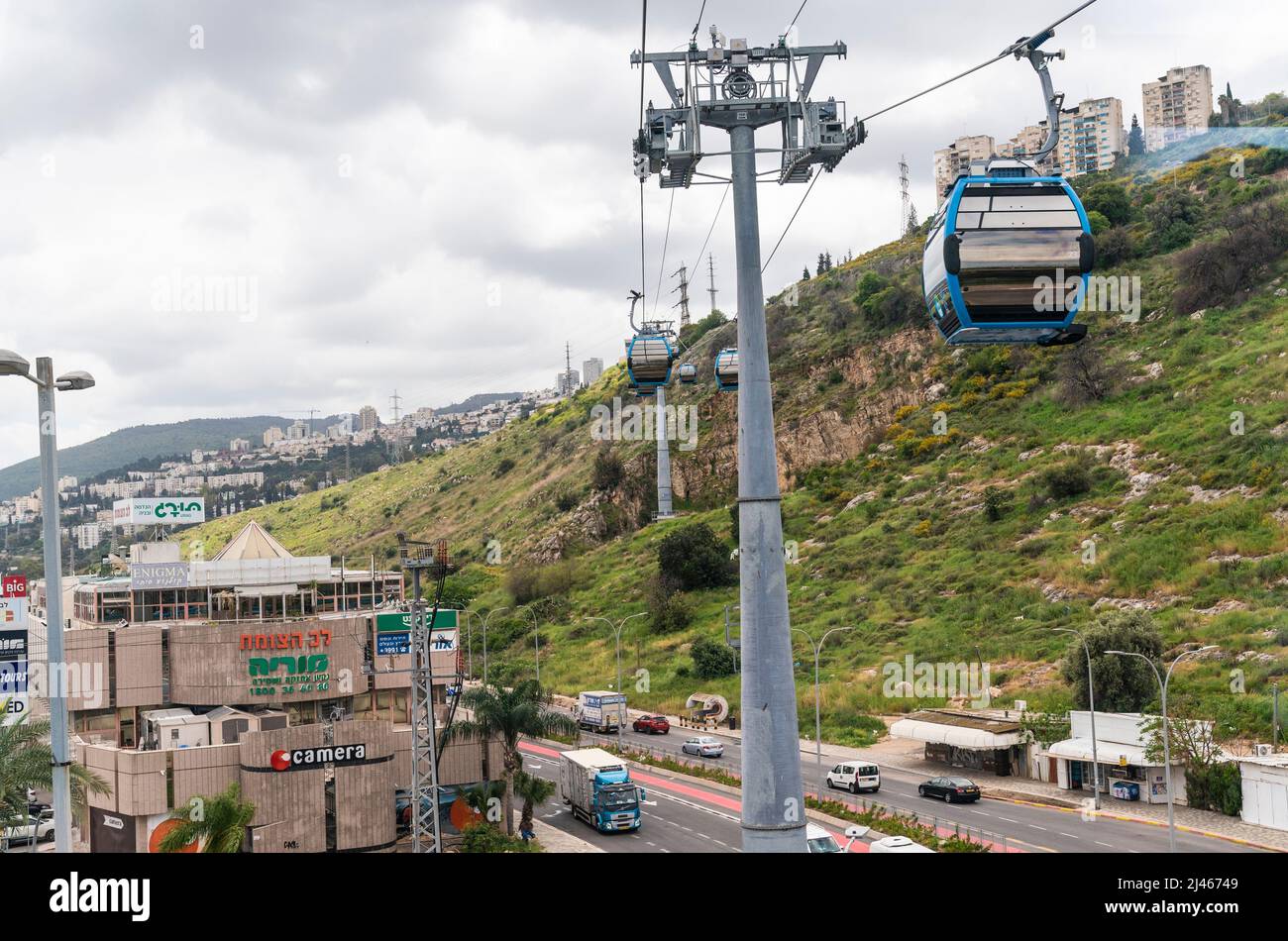 Haifa, Israel - April 12, 2022: Rakavlit - commuter service cable car ...
