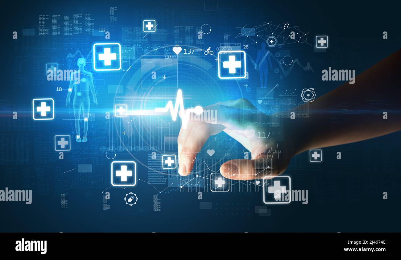 Doctor hand pressing futuristic health device with medical symbol on screen Stock Photo - Alamy