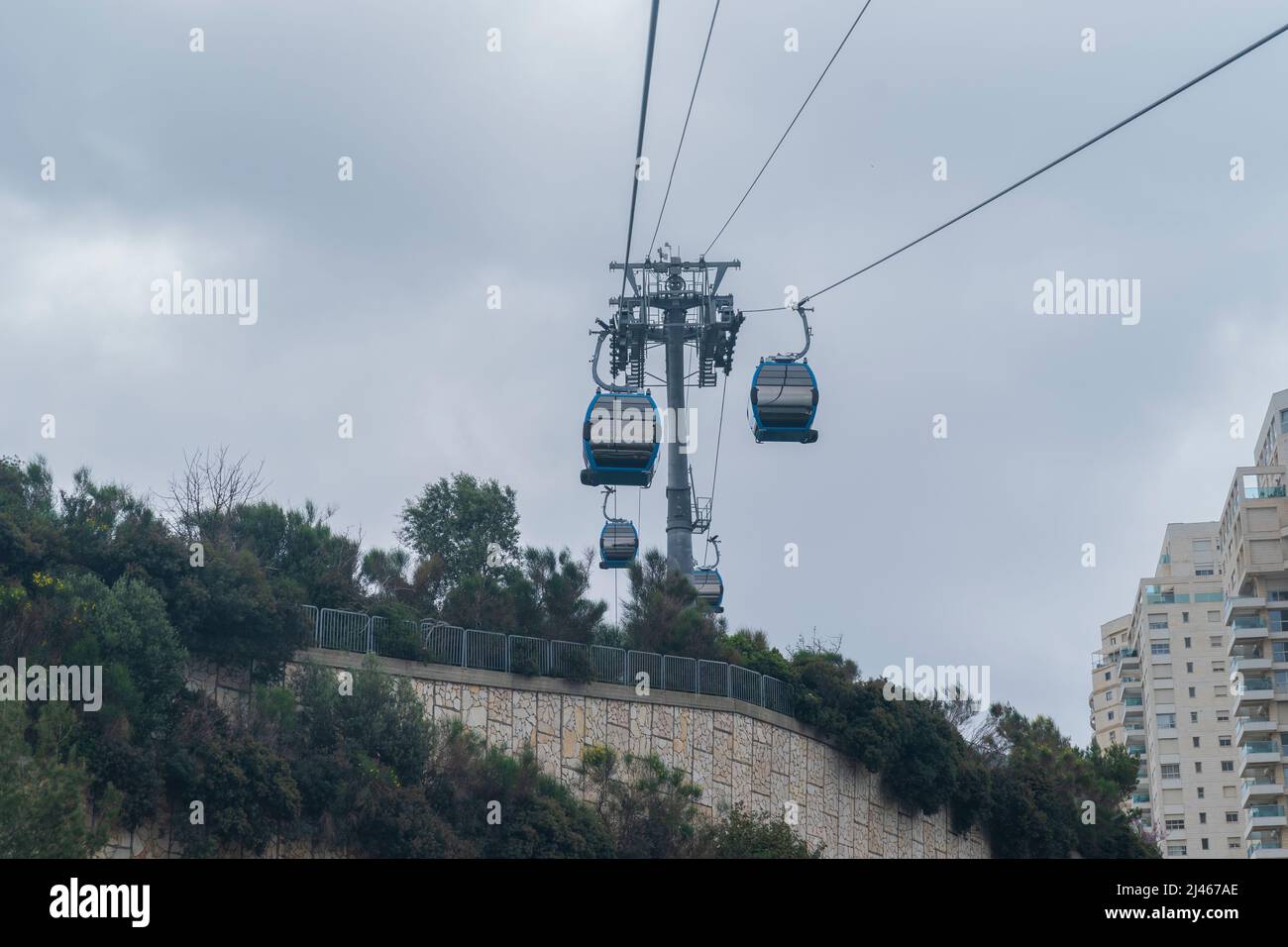 Haifa, Israel - April 12, 2022: Rakavlit - commuter service cable car ...