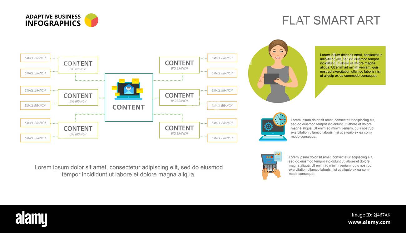 Six branches mind map slide template. Business data. Envelope, content ...