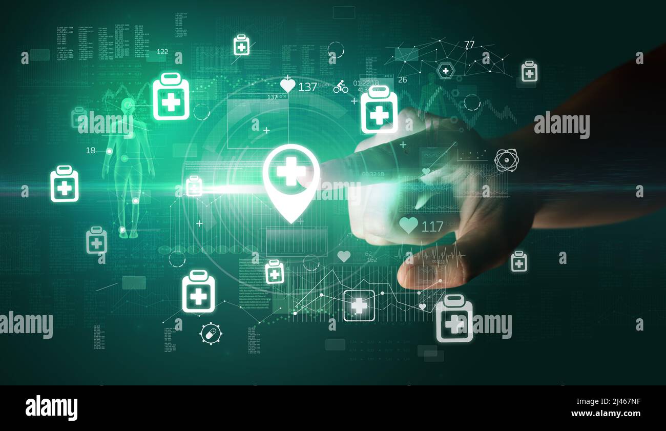 Doctor hand pressing futuristic health device with medical symbol on ...