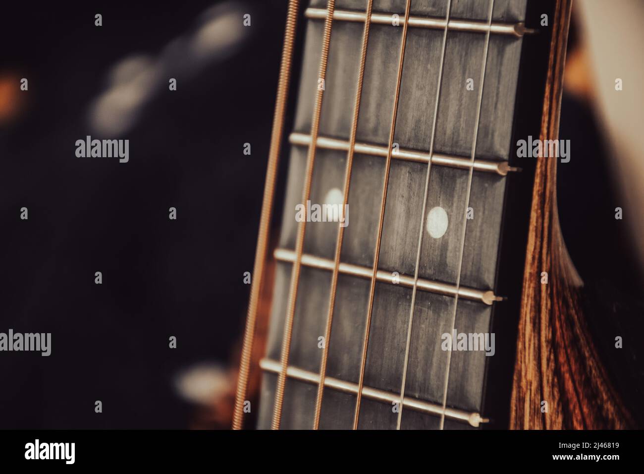 A close up view of the neck of an acoustic guitar with the bronze and ...