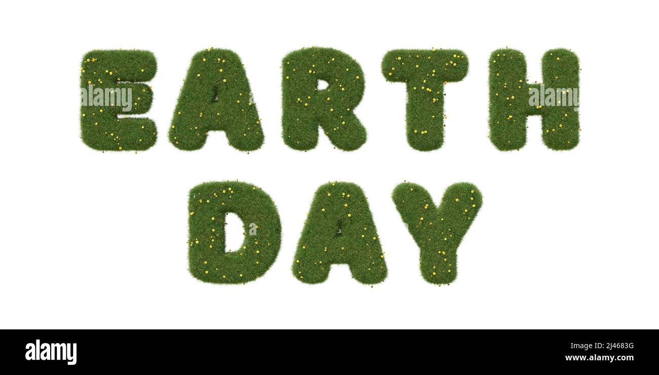 "Earth Day" text made of green grass with dandelions, isolated on white ...