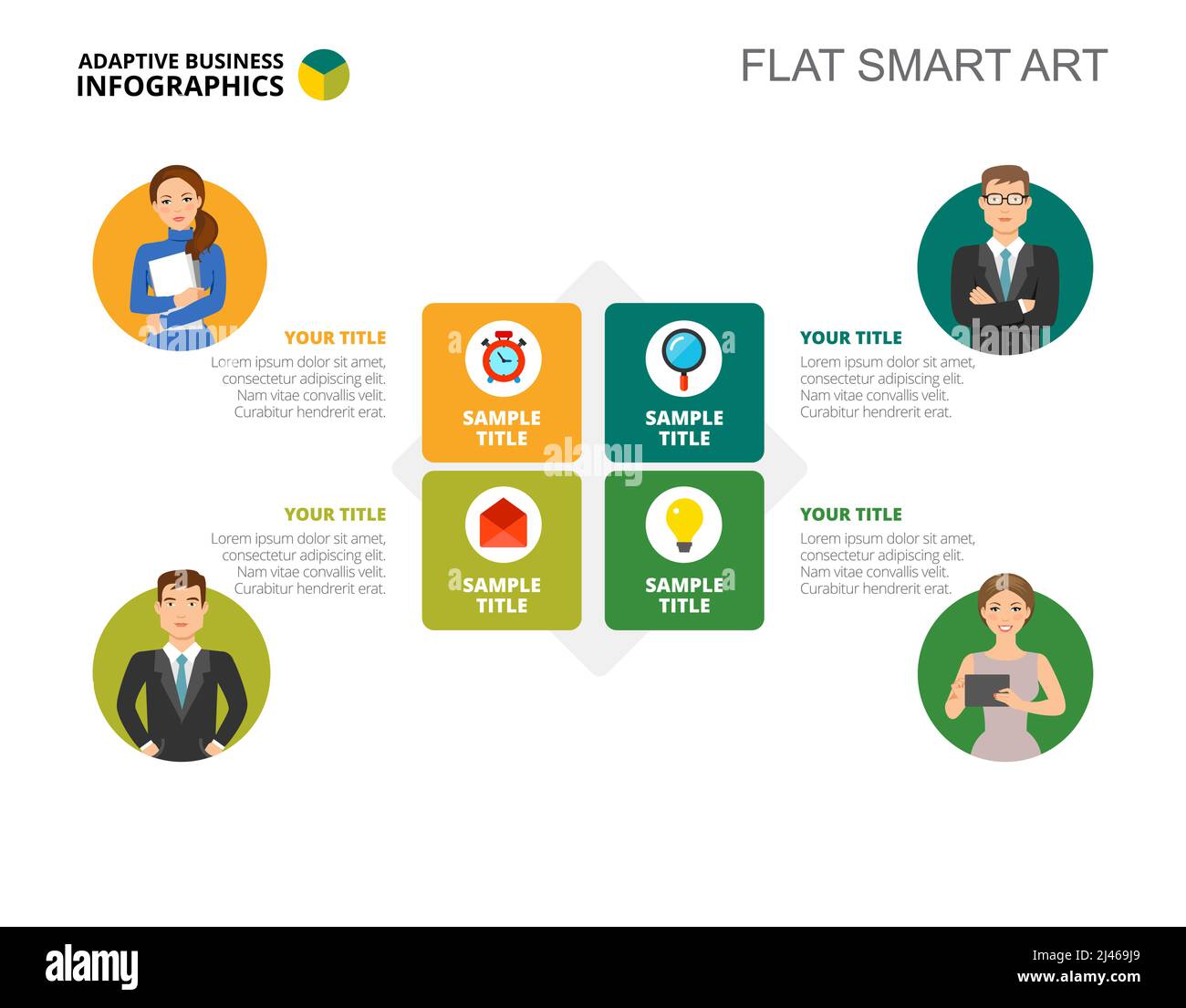 Four workers team process chart slide template. Business data. Job ...