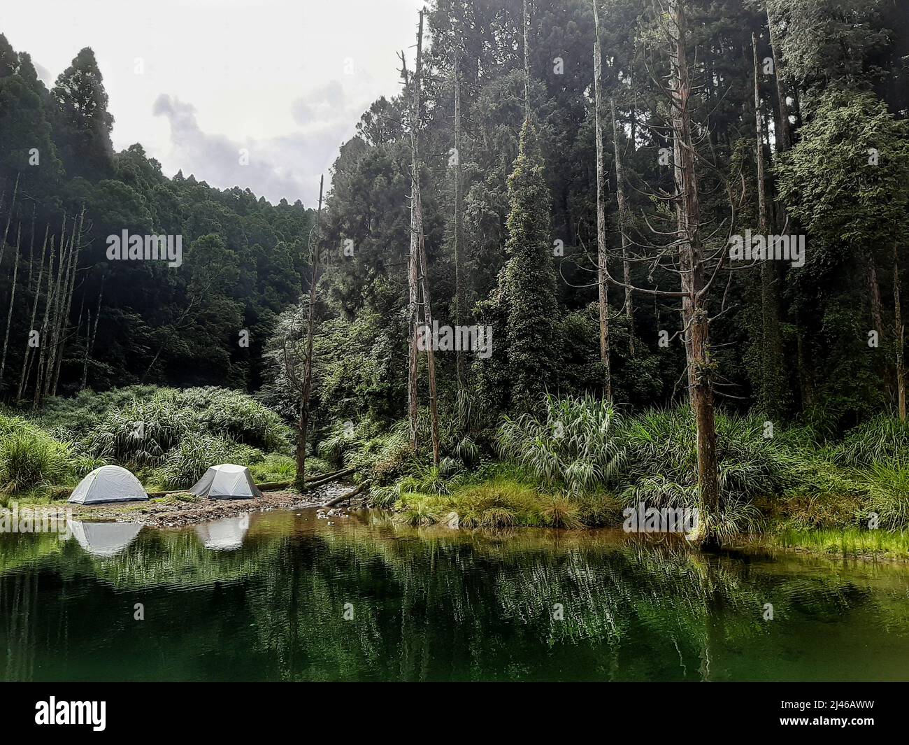 Pair of tents next to remote forest lake in central Taiwan Stock Photo ...